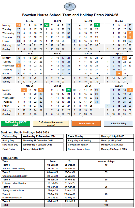 Bowden House School | School Calendar 2024-2025 & 2025-2026